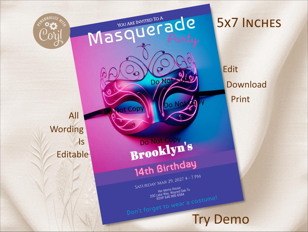 Masquerade Invitation, Birthday Mask Invite, Halloween, Girls PJ Party ...