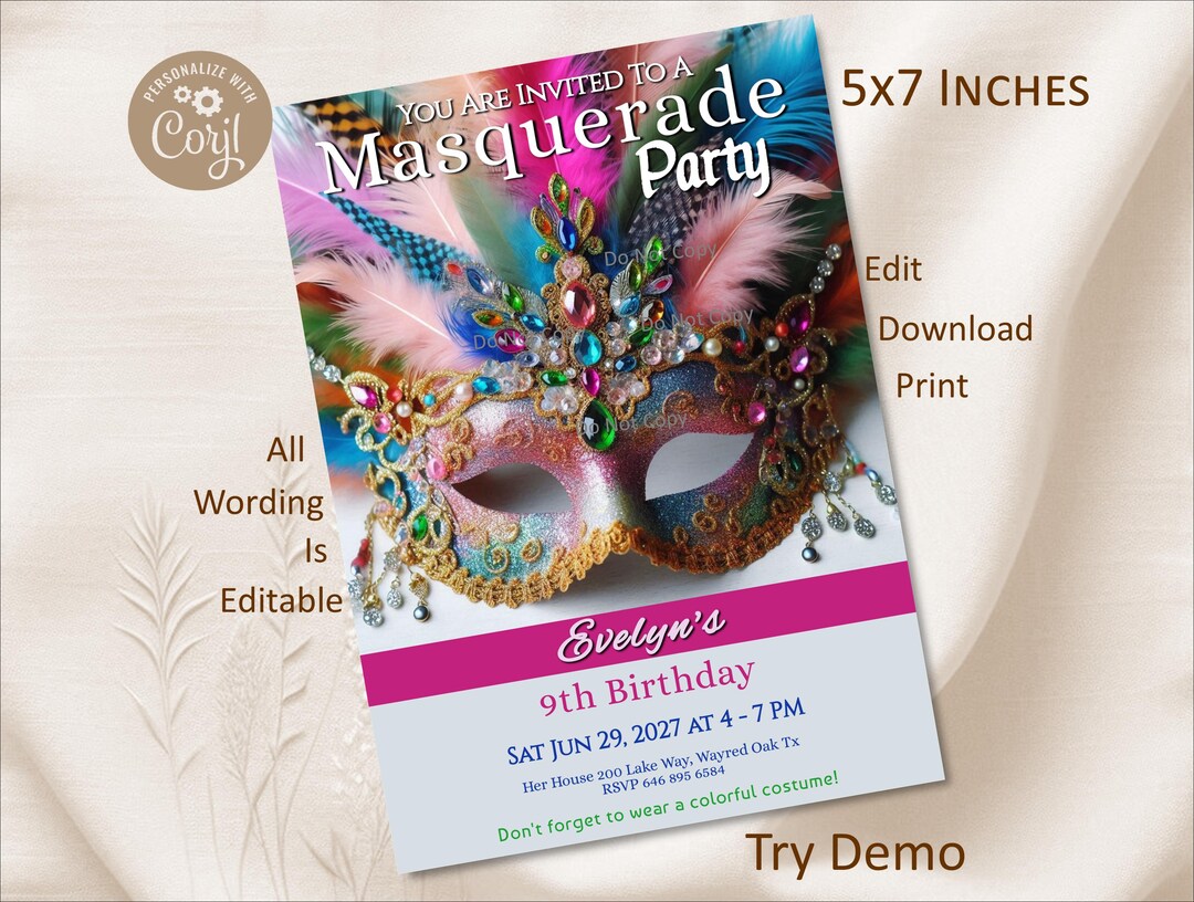 Girls Masquerade Birthday Invitation, Mask Invite, Halloween Ball, PJ ...