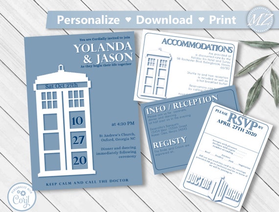 Editable Doctor Who Wedding Invitation Tardis Blue Invite Set - Etsy