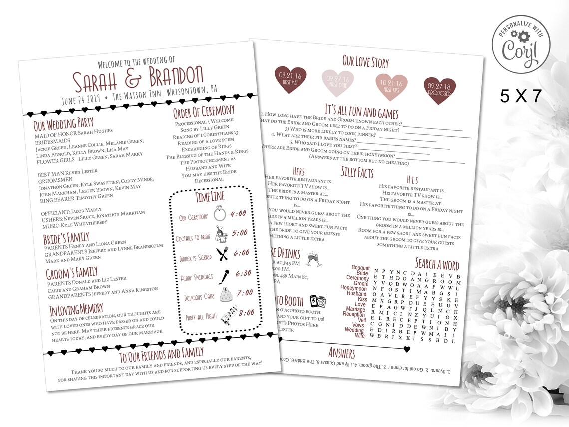 5x7 Wedding Program Template Editable Infographic Timeline - Etsy