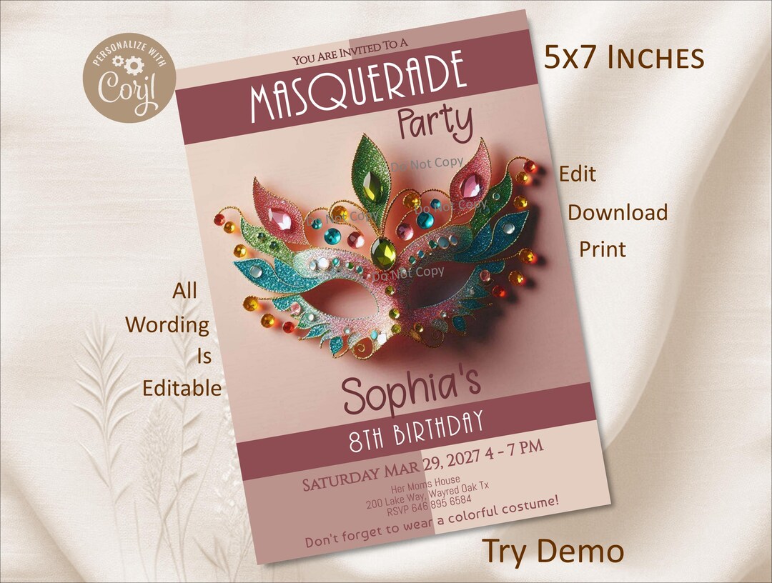 Girls Masquerade Birthday Invitation, Mask Invite, Halloween Ball, PJ ...