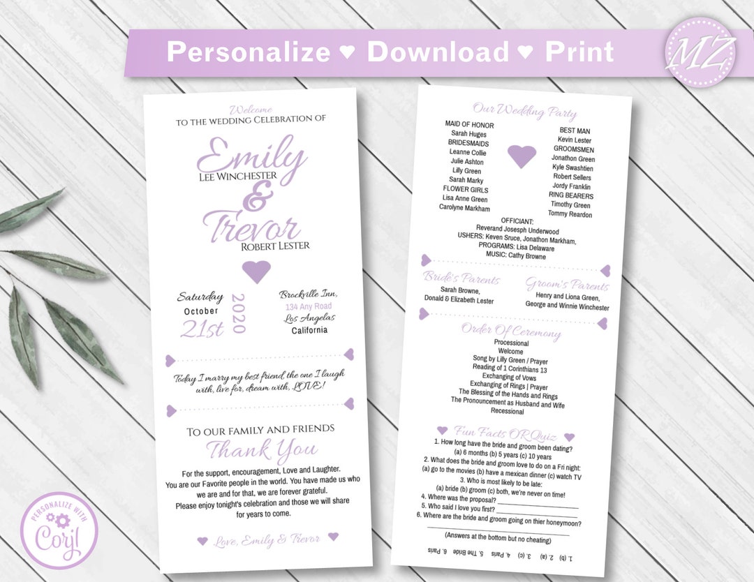 Customizable Wedding Program 4x9 2 Sides Simple Elegant Custom Instant Download Template ...