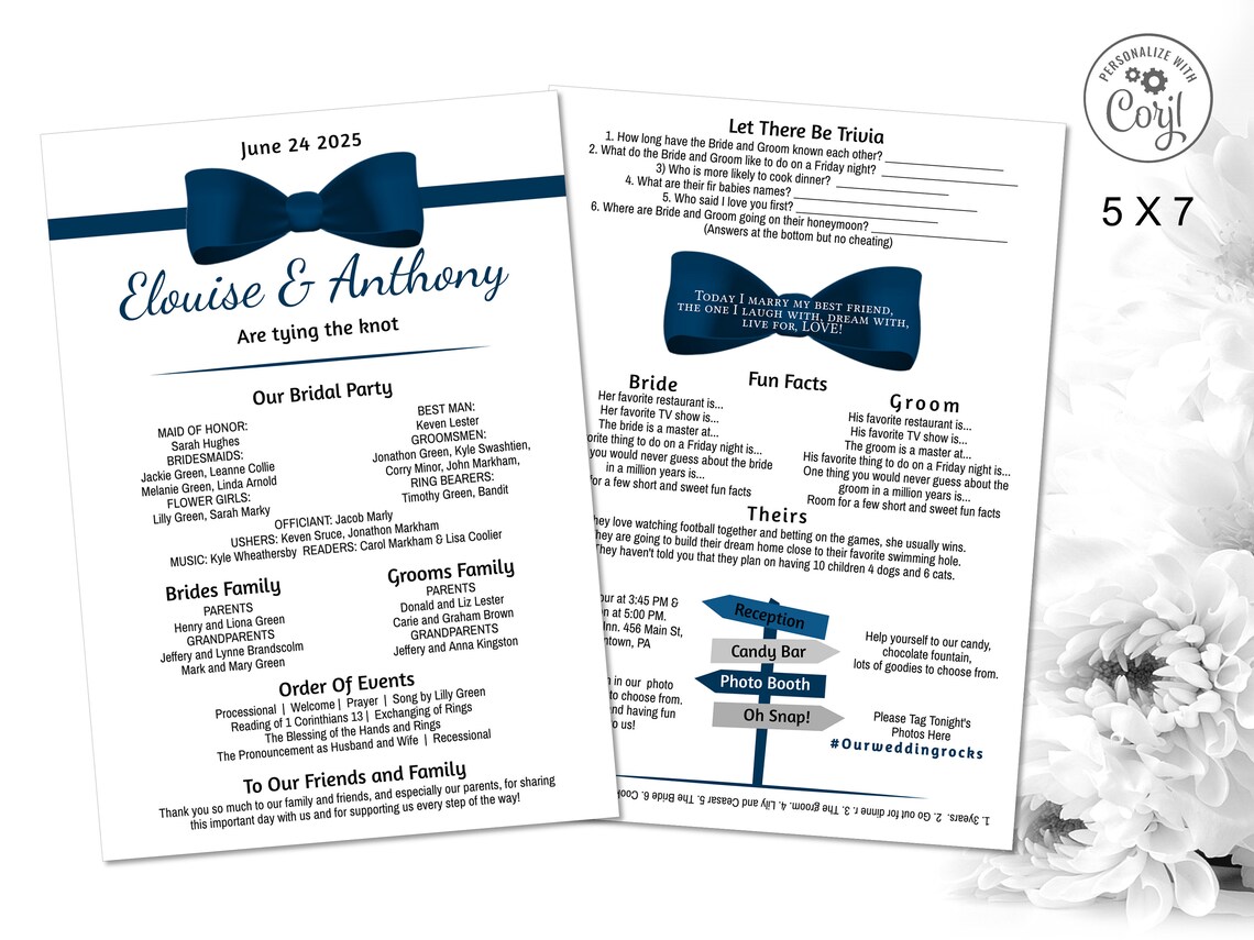 Bow Wedding Ceremony Program Template Editable 5x7 Printable | Etsy