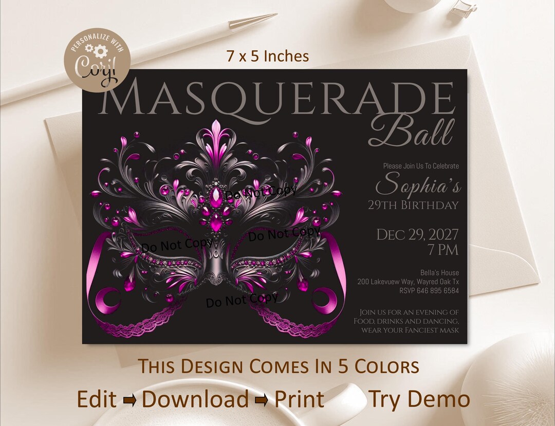 Masquerade Invitation, Graduation, Mask Invite, Birthday, Halloween ...