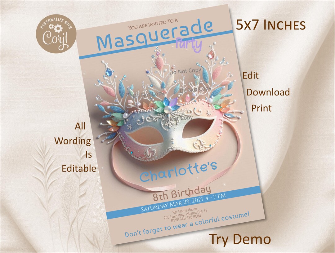 Girls Masquerade Birthday Invitation, Mask Invite, Halloween Ball, PJ ...