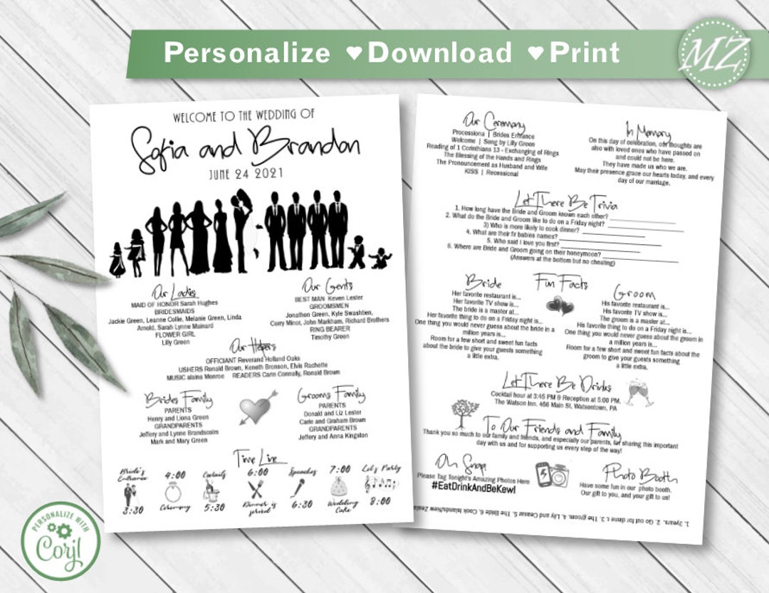 5x7 Silhouette Wedding Program Template, Infographic Timeline, Editable Fonts Colors, Resizable ...