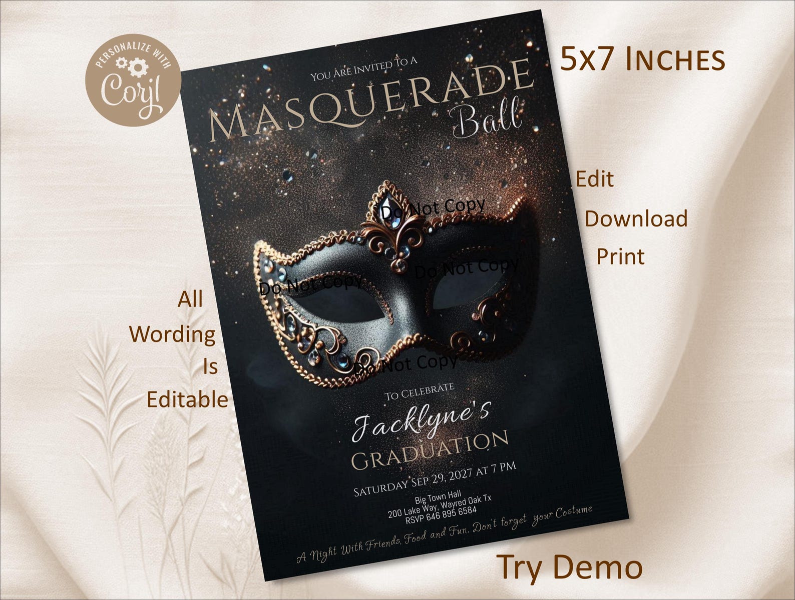 Masquerade Invitation, Birthday Party Mask Invite, Graduation Ball ...