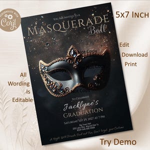 Masquerade Invitation, Birthday Party Mask Invite, Graduation Ball ...