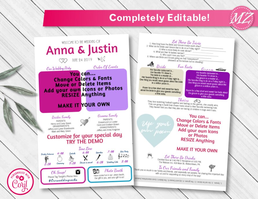 Infographic Wedding Program Template Fun Wedding Event - Etsy Canada