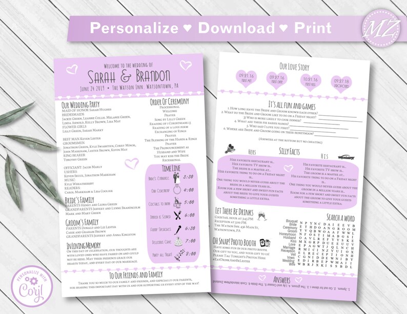 Wedding Program Template Recolorable Infographic Fun Facts - Etsy Canada