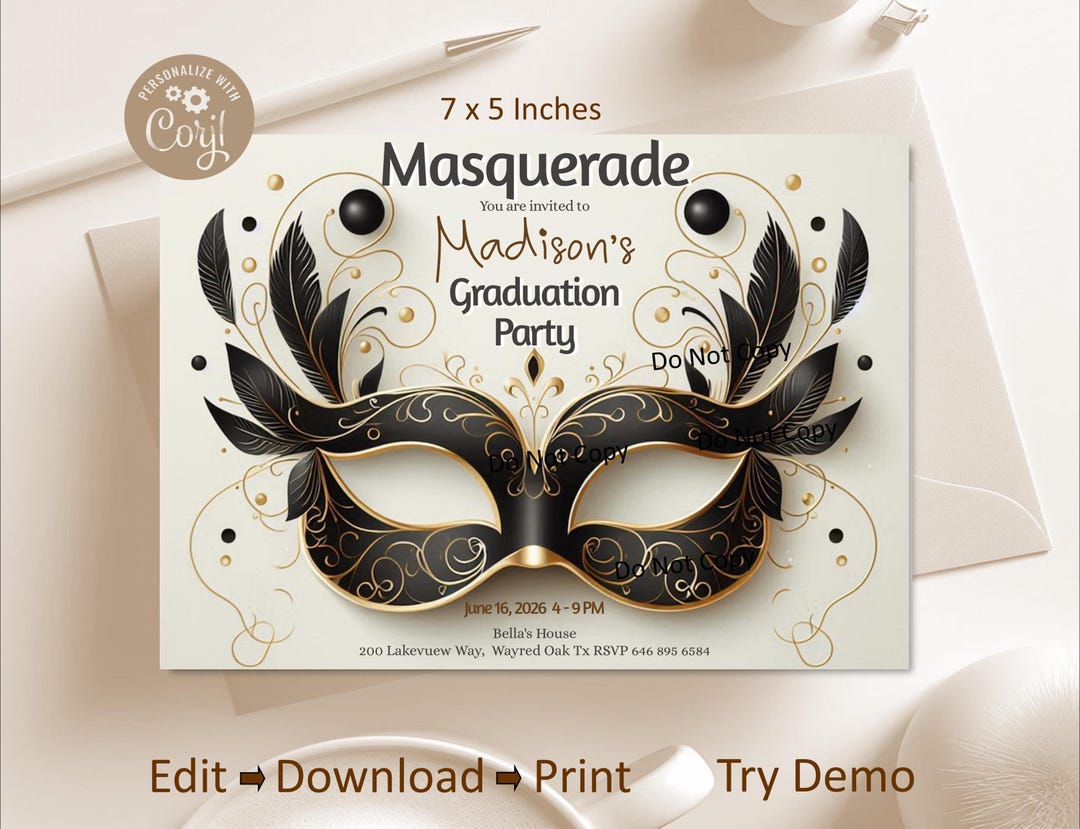 Masquerade Invitation, Graduation Mask Invite, Birthday, Halloween ...