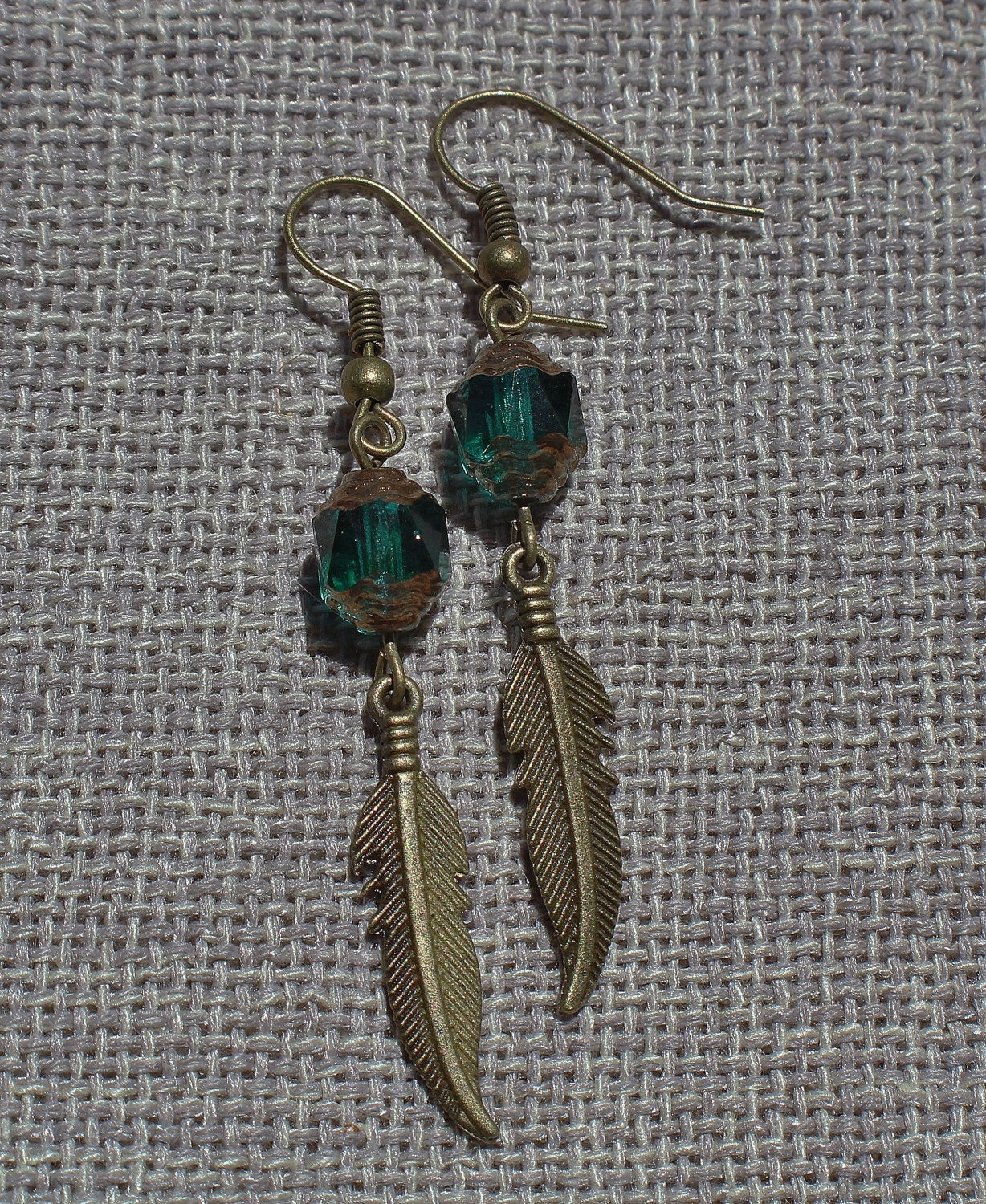 Emerald Green Czech Feather Earrings available in brass gold | Etsy