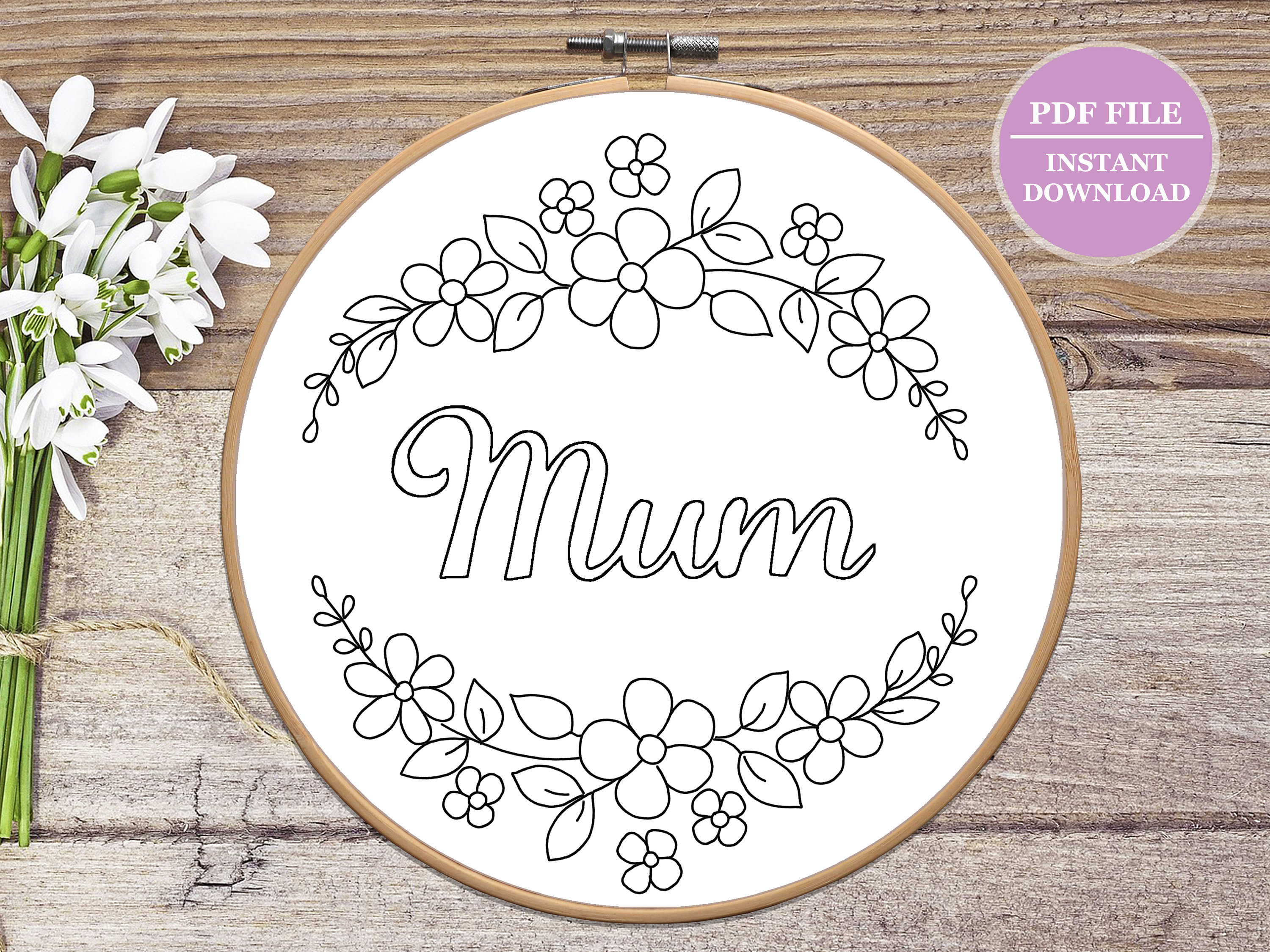 Mum Embroidery Template PDF, Mom Floral Wreath Outline Transfer ...