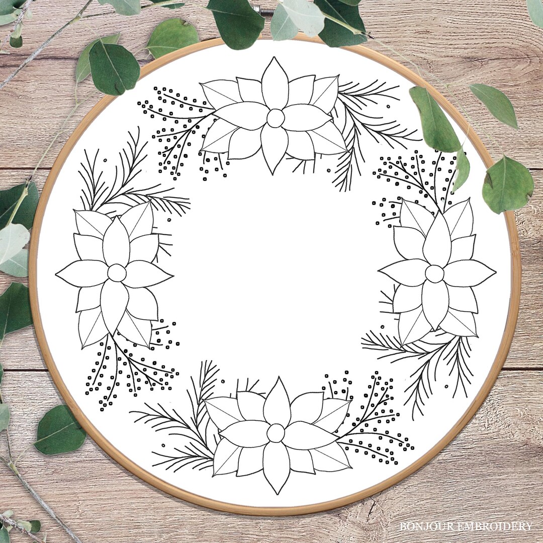 Poinsettia Wreath Hand Embroidery Christmas Template Winter Wreath ...