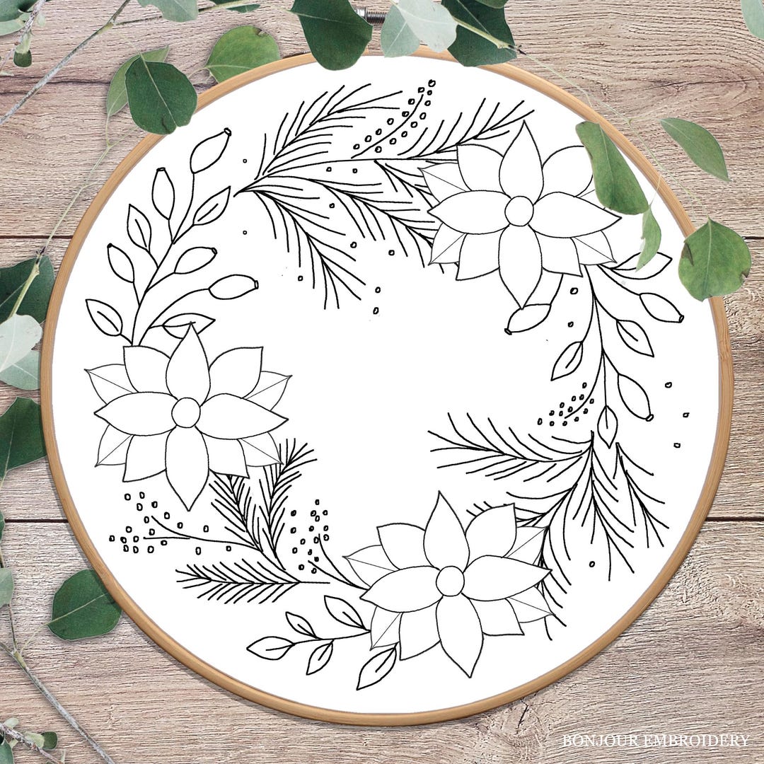 Poinsettia Hand Embroidery Wreath Christmas PDF Template Winter Wreath ...