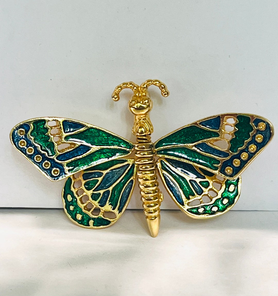 Butterfly Brooch Pin Moveable Top Wings Green Blue Enamel Gift for ...