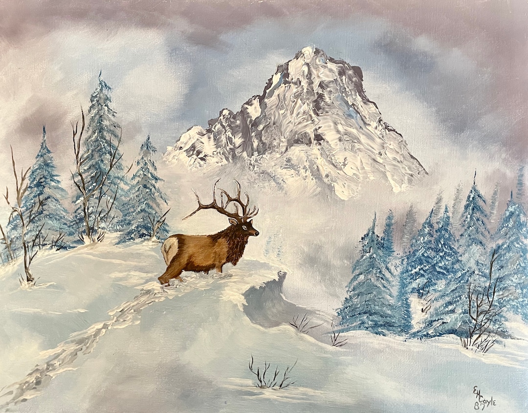 E. H. Coyle - Original Oil Painting, Snowy Mountain Elk, Winter ...