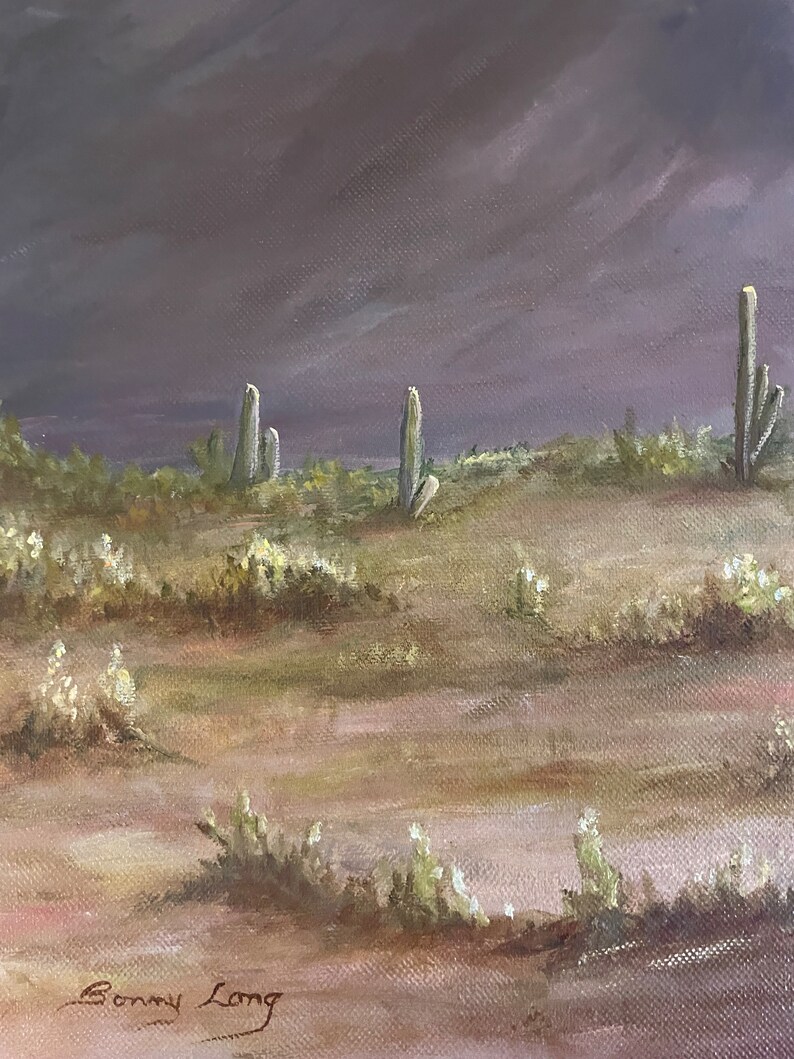 Bonny Long -original Oil Painting, Desert Landscape With Cactus, 16" X ...