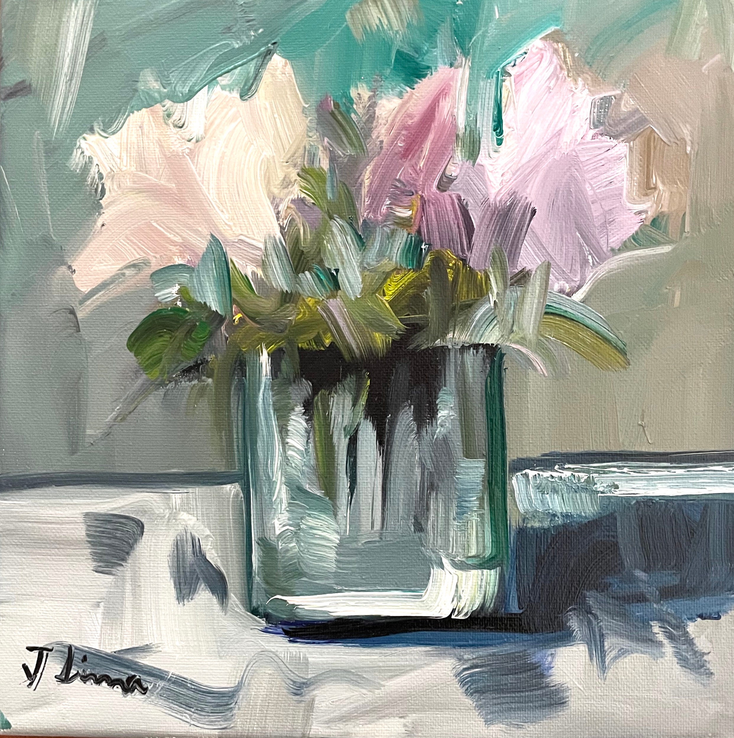 Jose Lima - Lavender Roses in Glass Vase, Original 10" X 10" Oil ...