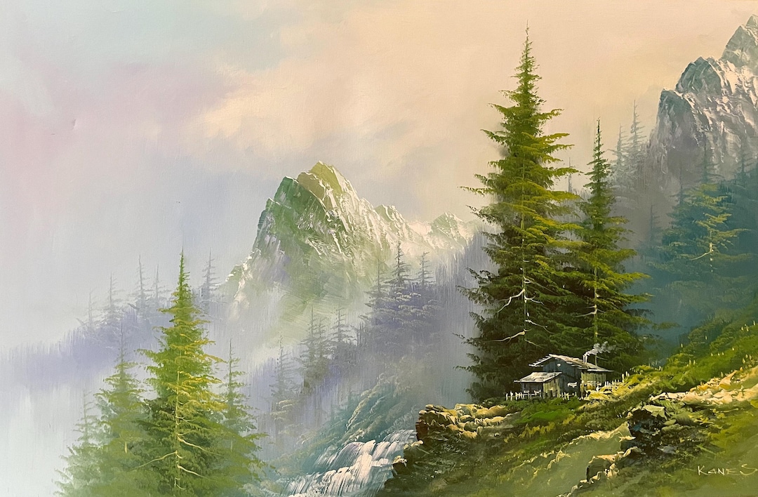 Kanes, Original Oil Painting, Landscape Mountain Cabin Scene, Unframed ...
