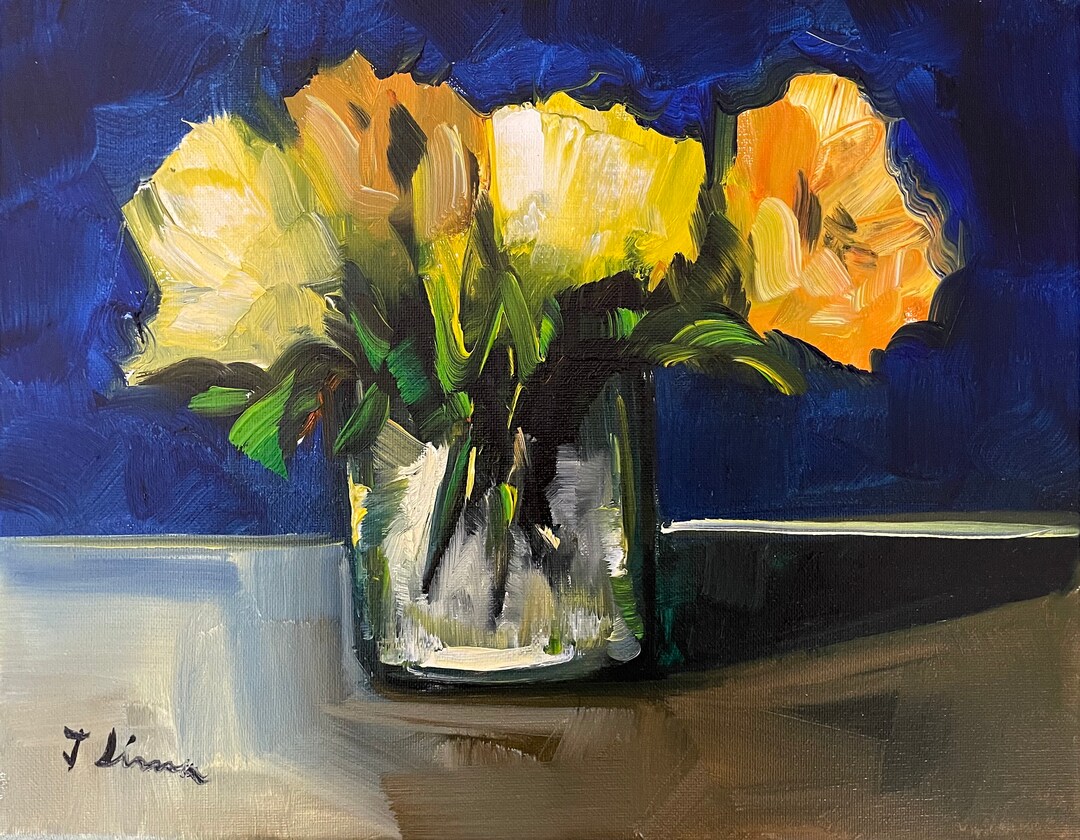 Jose Lima Yellow Roses, Original Oil Painting, Signed LL on the Front ...