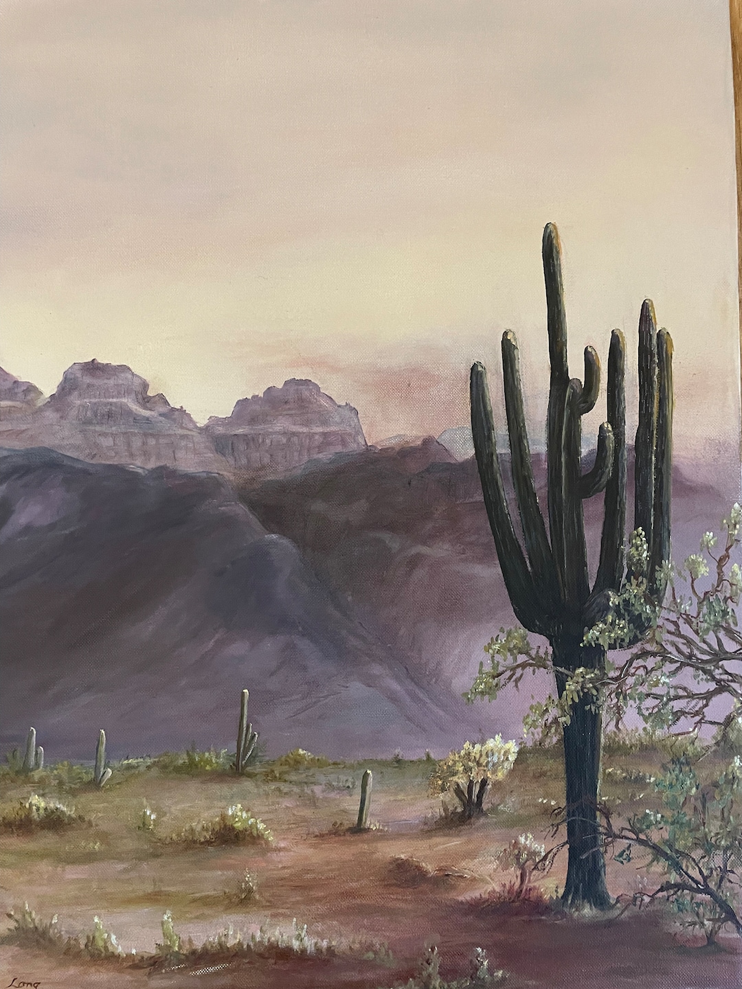 Bonny Long -original Oil Painting, Desert Landscape With Cactus, 16" X ...