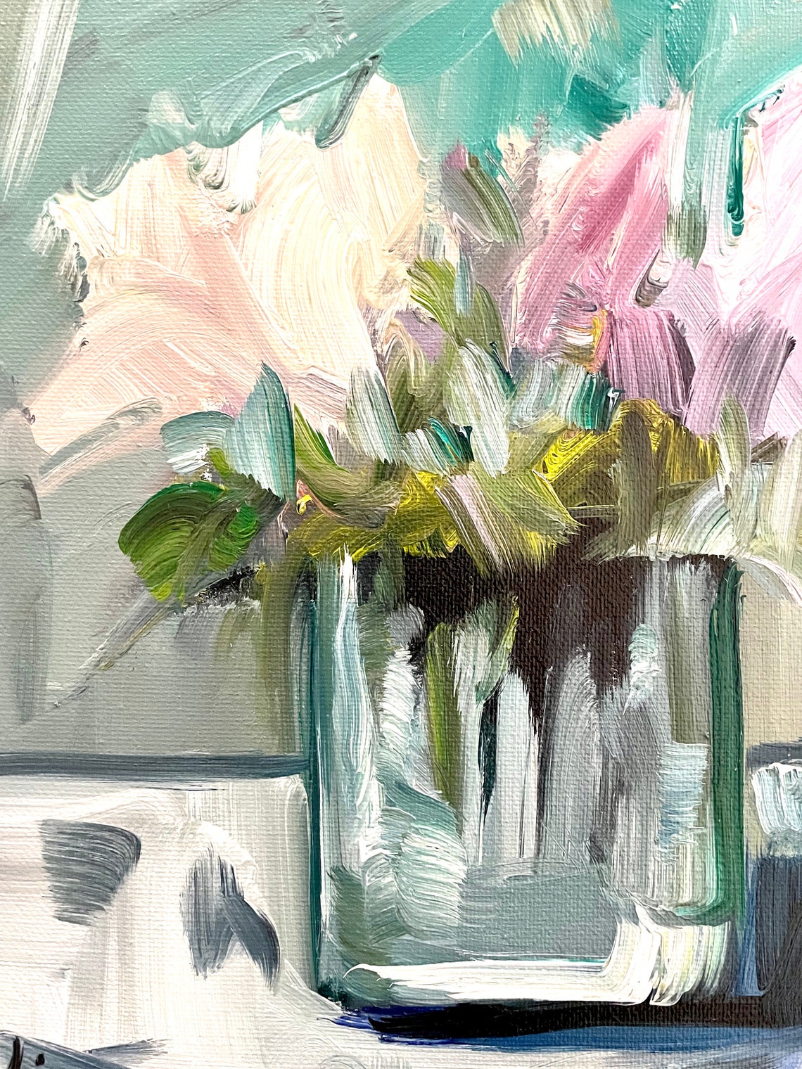 Jose Lima - Lavender Roses in Glass Vase, Original 10" X 10" Oil ...
