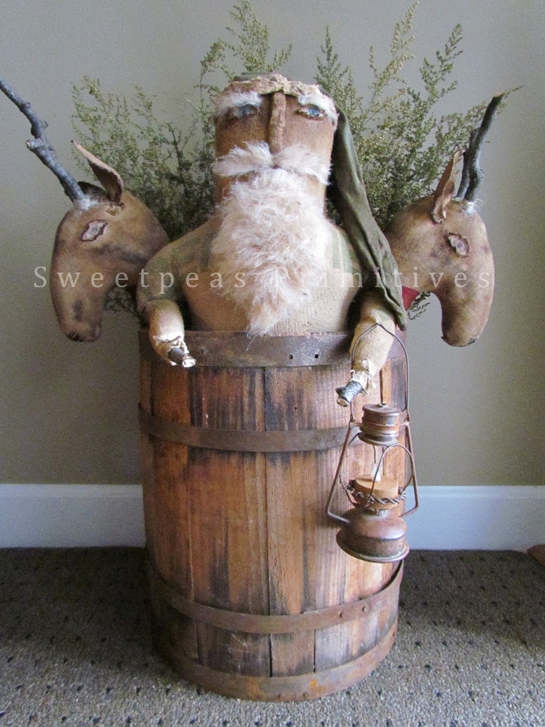 NEW 2015 Primitive Christmas Folk Art Early Style Barrel Santa Doll and ...