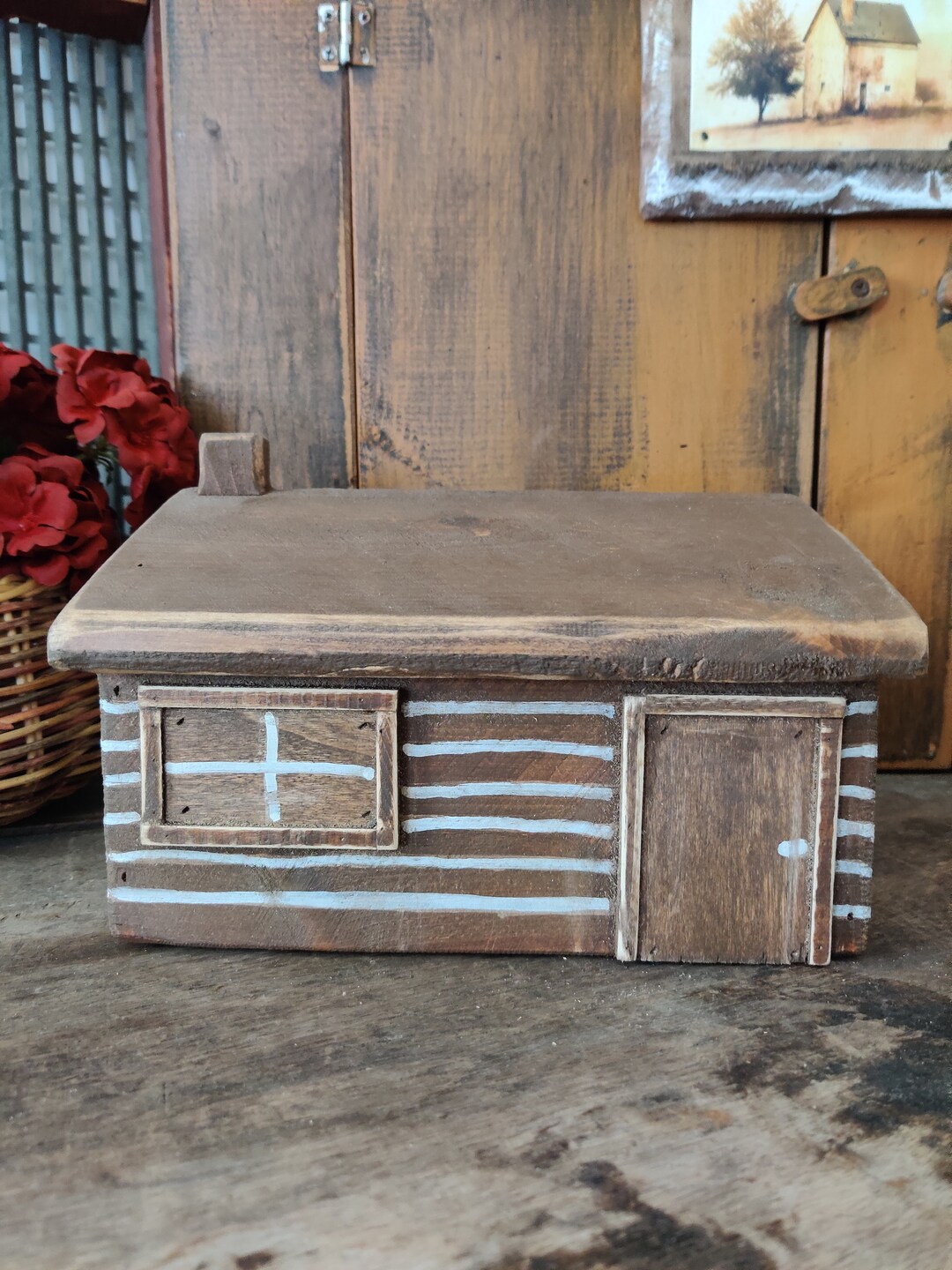 Primitive Handmade Hand Painted Rustic Log Cabin Shelf House ...