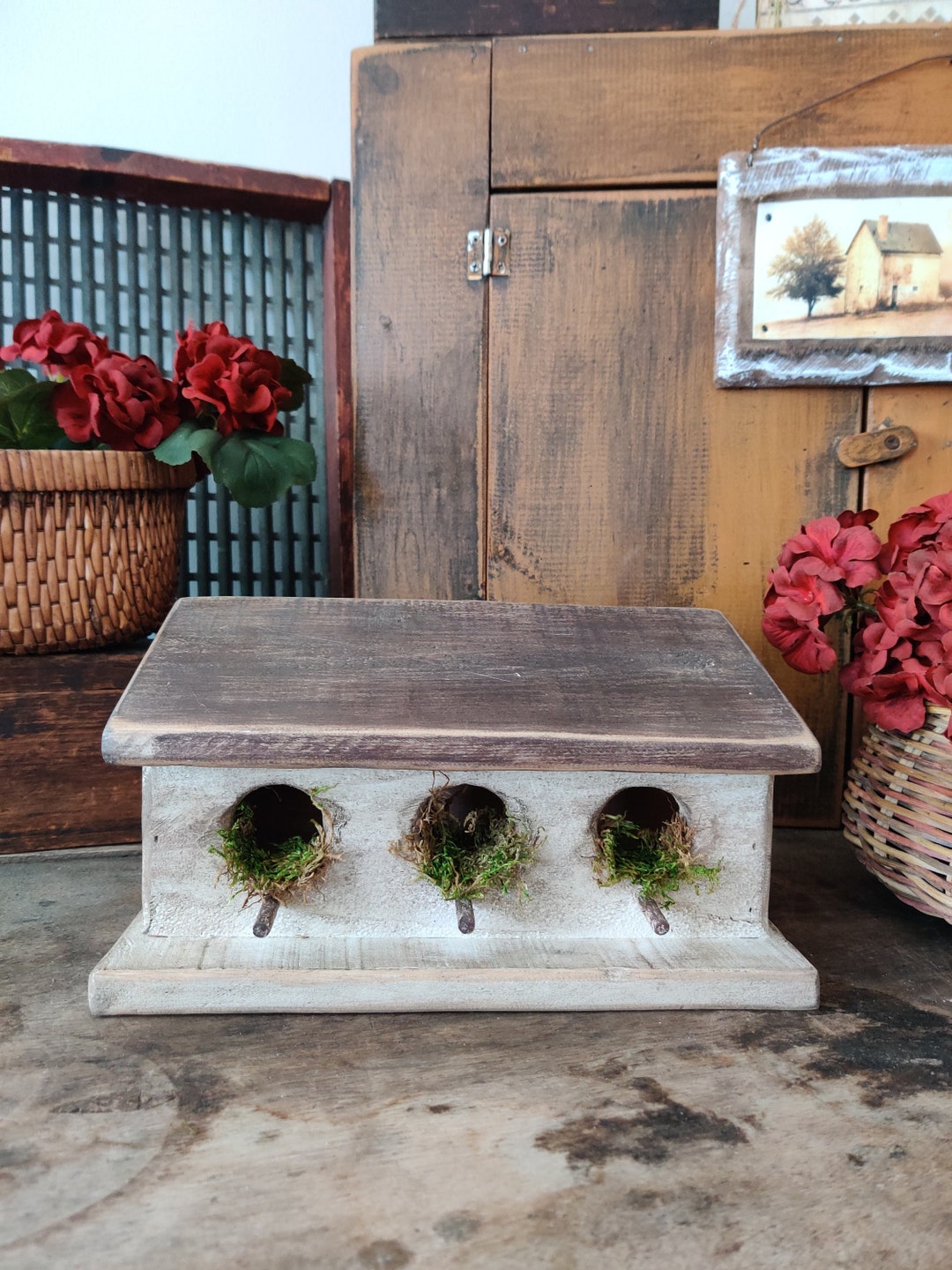 Primitive Aged White Rustic Farmhouse Handmade Solid Wood Birdhouse for ...