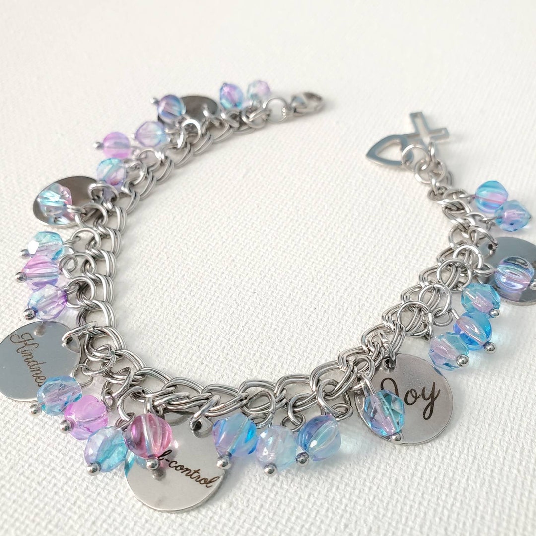 Fruit of the Spirit Bracelet: Stainless Steel Charms, Summer Sky Beads ...