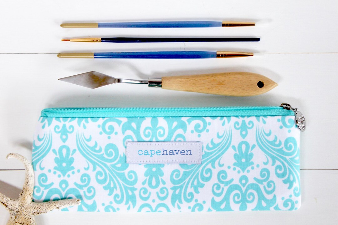 Turquoise Aqua Blue Artist Case, Damask Print Artist Bag Pencil Case ...