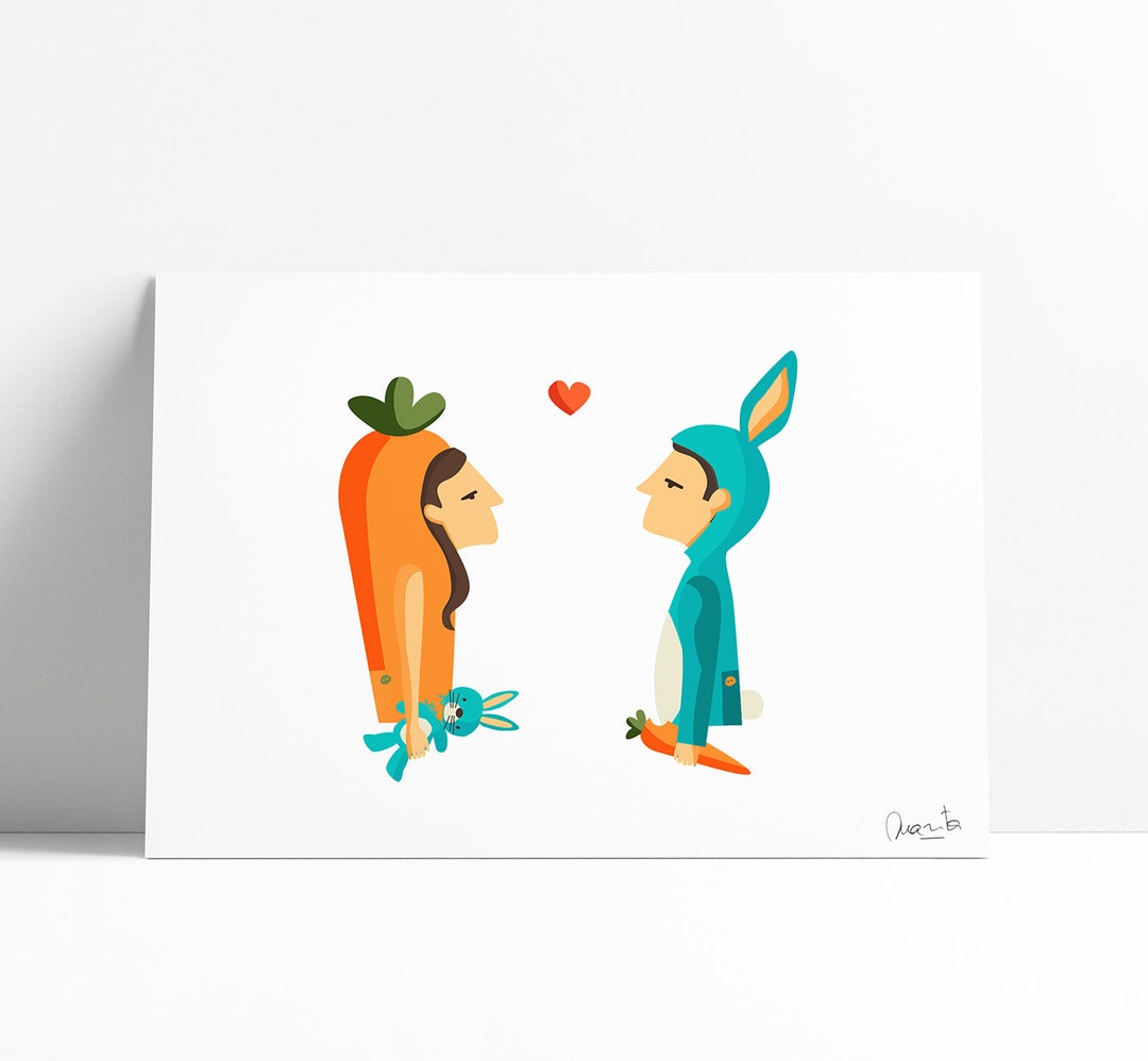 Carrot and Rabbit in Love Print, Illustration to Decorate Your Home ...