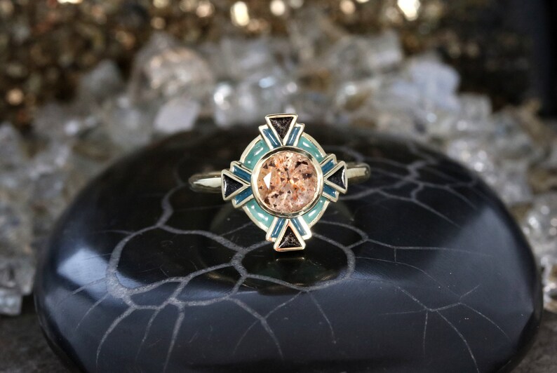 The Zara Ring in Rainbow Lattice Sunstone Unique Engagement Ring ...