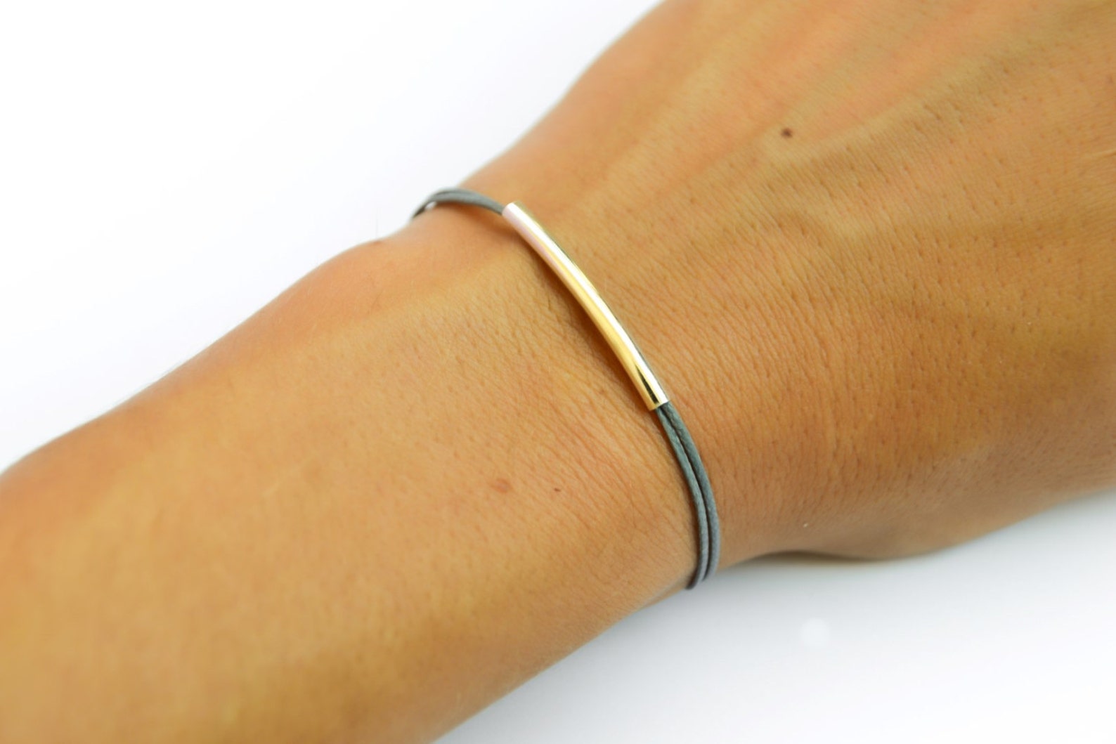 Silver Bar Bracelet, Cord Bracelet With a Silver Plated Tube, Gray ...