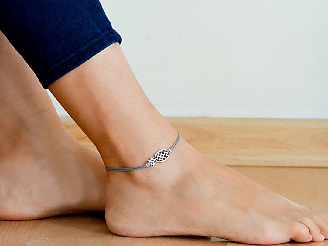 Pineapple Anklet, Gray String Ankle Bracelet Silver Pineapple Charm ...