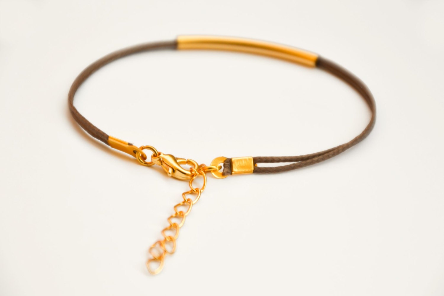 Gold Bar Bracelet, Cord Bracelet, Gold Tube Bar Bead, Brown Cord Layers ...