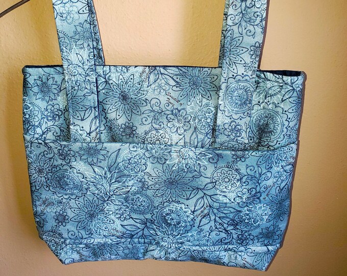Pretty in Blue Floral Fabric Walker Tote Bag With Outside Pocket - Etsy