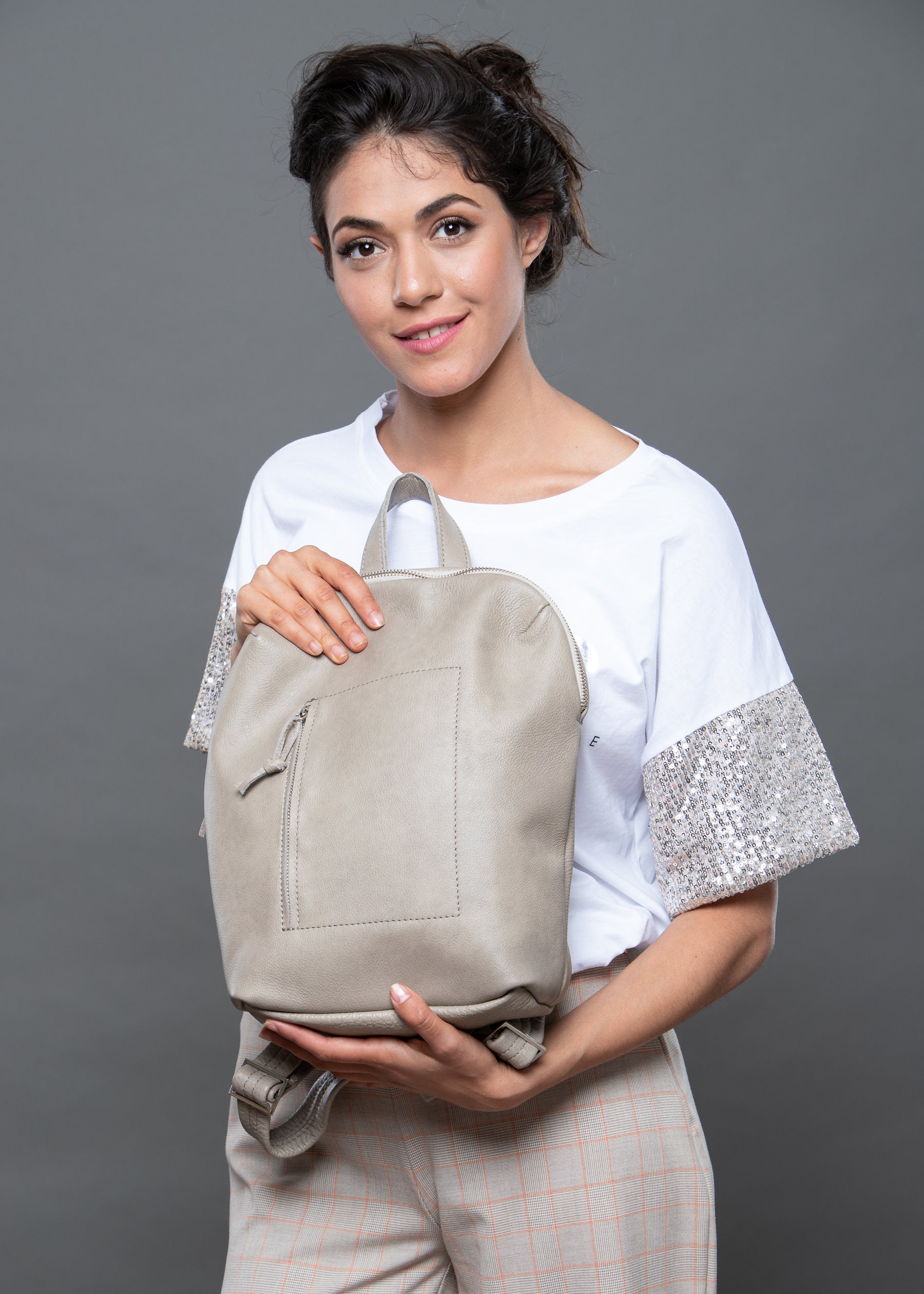 Grey Women's Leather Backpack Purse Bag, Soft Real Leather Knapsack ...