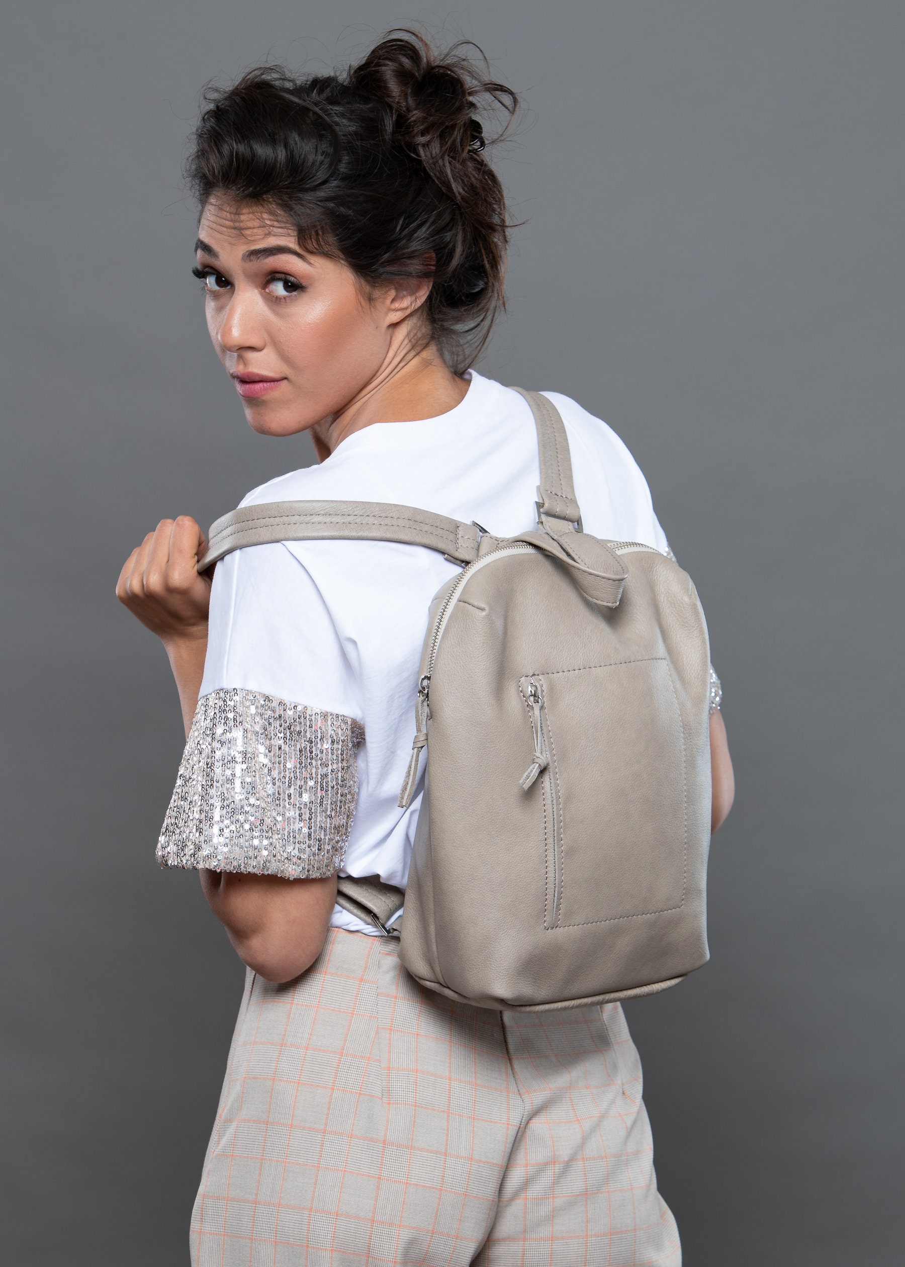 Grey Women's Leather Backpack Purse Bag, Soft Real Leather Knapsack ...