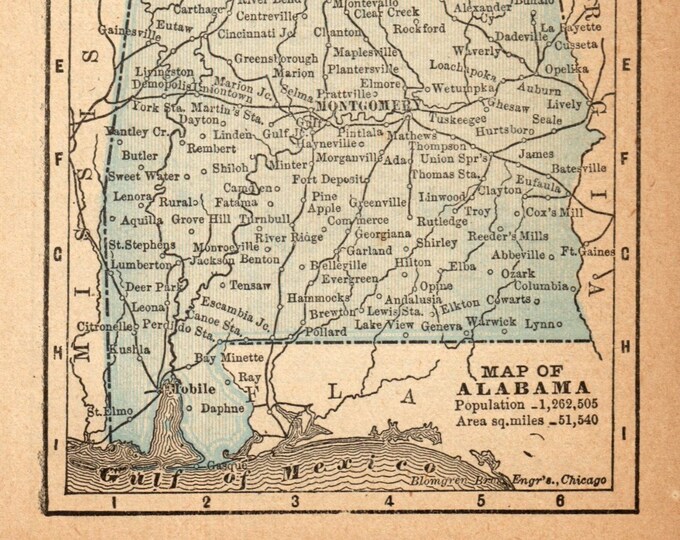 1888 Tiny ALABAMA State Map Vintage Miniature Map of Alabama - Etsy