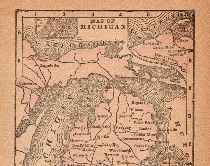 1888 Tiny MICHIGAN Map Vintage State Map of Michigan Miniature Map ...