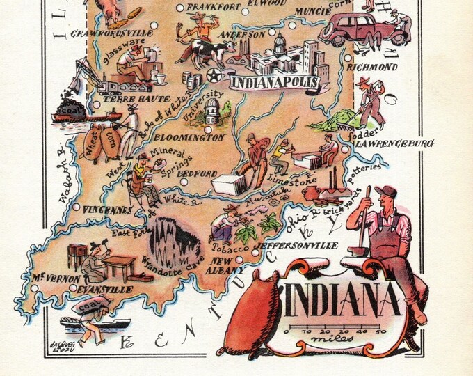 1940s Vintage INDIANA State Picture Map Animated Map of | Etsy