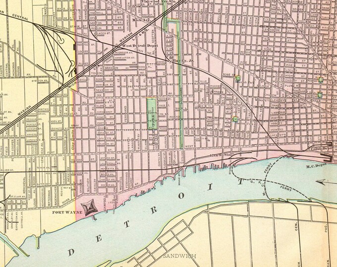 1901 Antique Large DETROIT Street Map George Cram City Map of Detroit ...