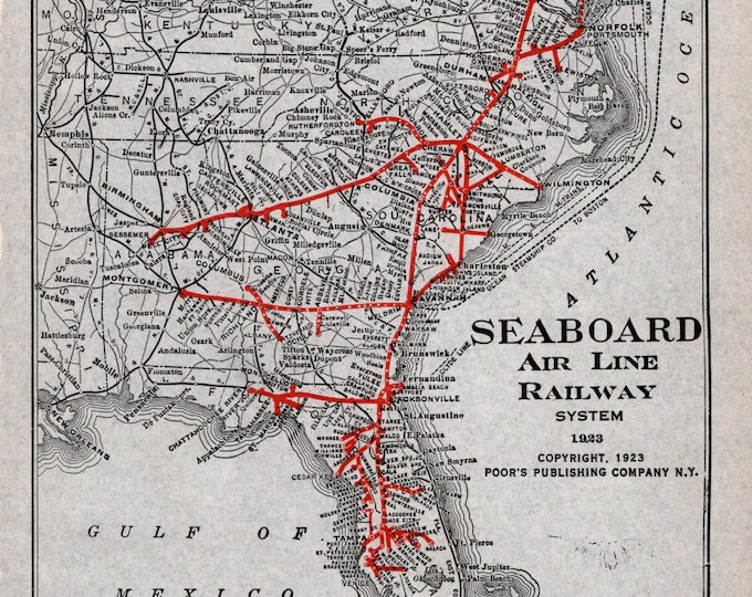 1923 Antique Seaboard Air Line Railway Map Vintage Seaboard Railroad Map Birthday Gift for Dad ...