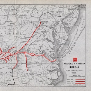 1923 Antique Norfolk and Western Railway System Map Norfolk and Western ...