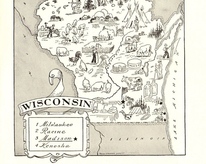 1950s Vintage Wisconsin Picture Map State Map of Wisconsin - Etsy