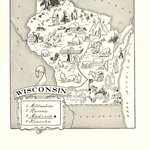 1950s Vintage Wisconsin Picture Map State Map of Wisconsin | Etsy