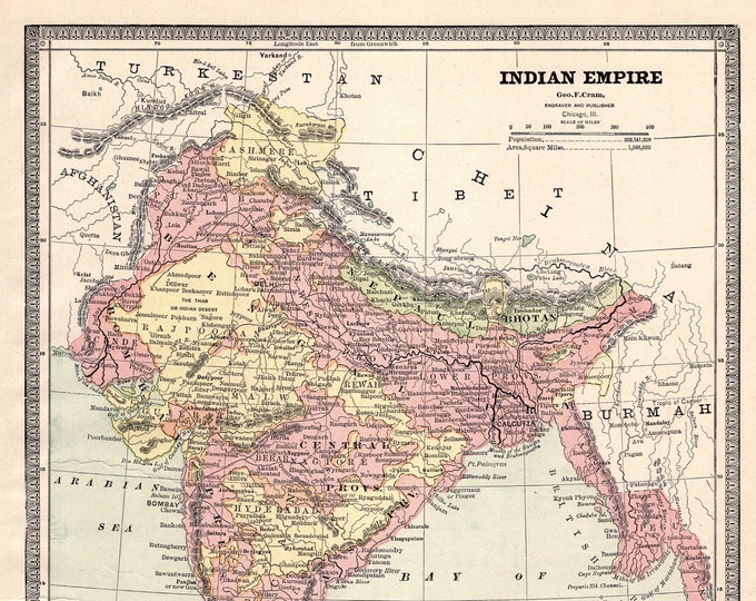 1885 Antique Indian Empire Map George Cram Atlas Map of India Gallery ...