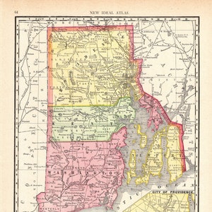 1910 Antique RHODE ISLAND Map Vintage State Map of Rhode Island Gallery ...